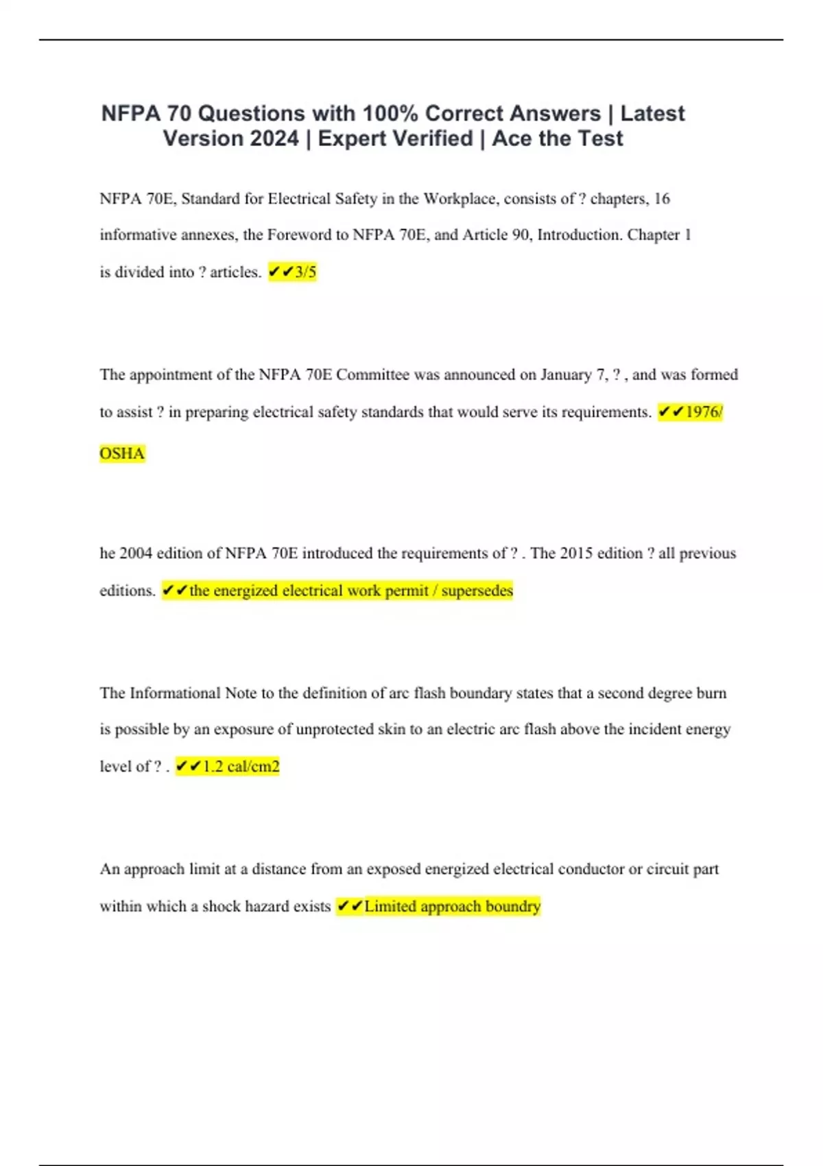 NFPA 70 Questions with 100% Correct Answers | Latest Version 2024 ...