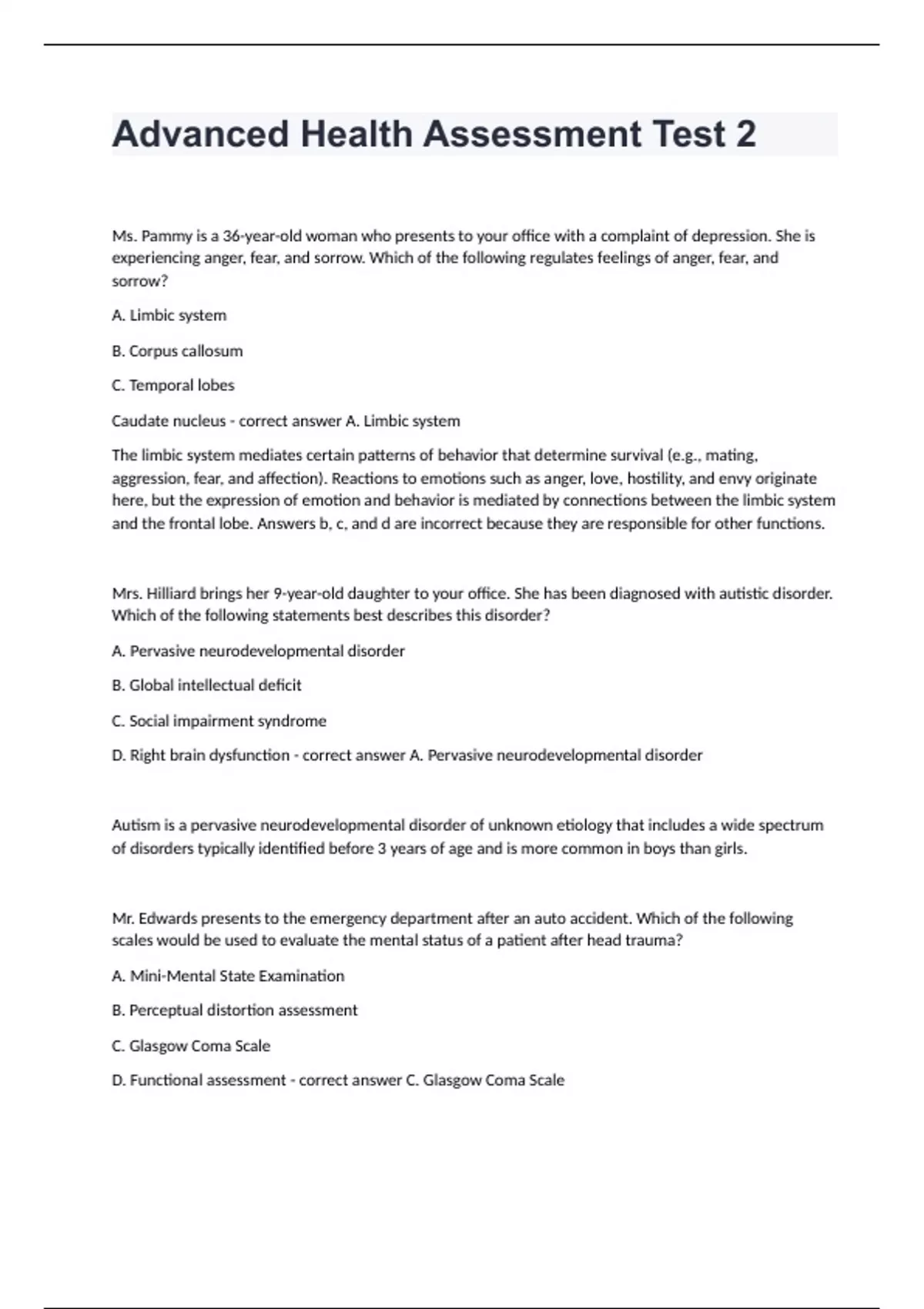 Advanced Health Assessment Test 2 questions well answered - Advanced ...