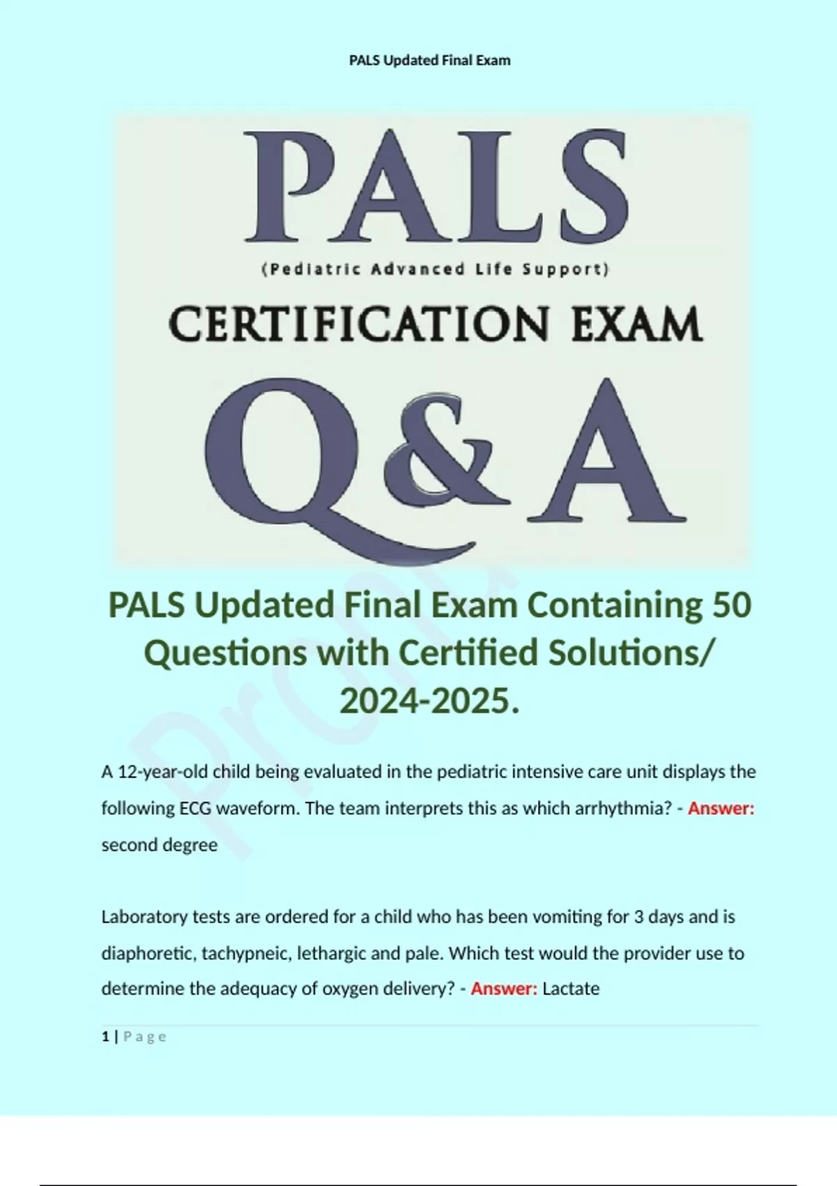 PALS Updated Final Exam Containing 50 Questions with Certified ...