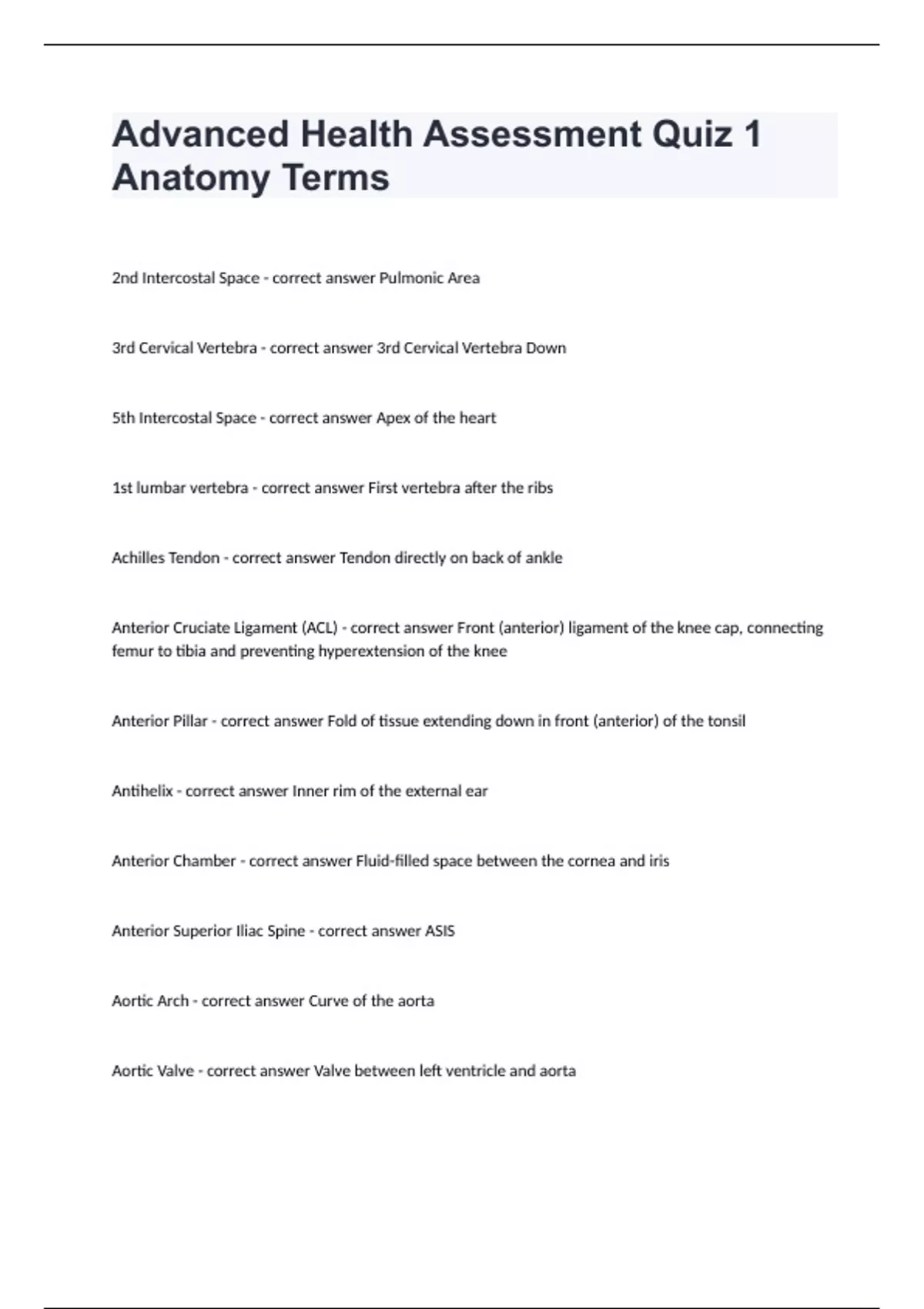 Advanced Health Assessment Quiz 1 Anatomy Terms questions well answered ...
