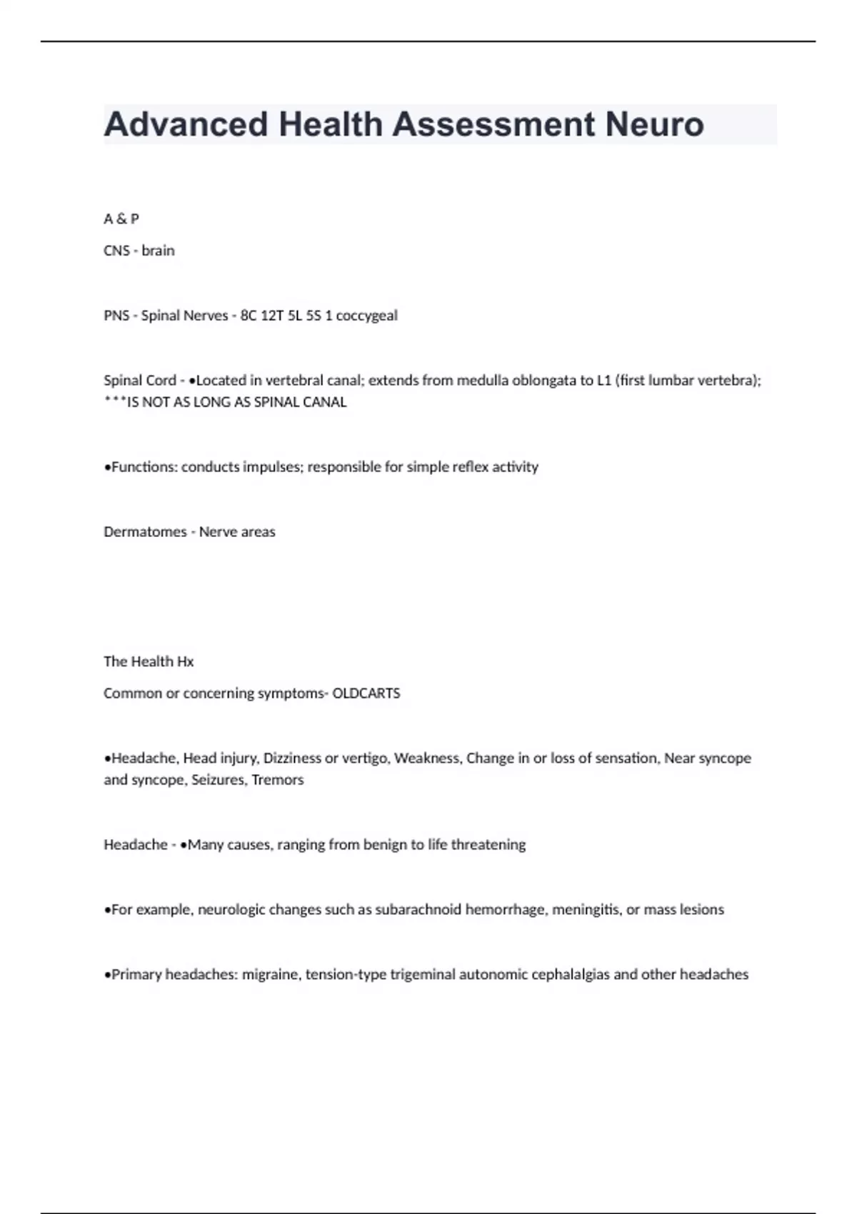 Advanced Health Assessment Neuro well answered - Advanced health ...