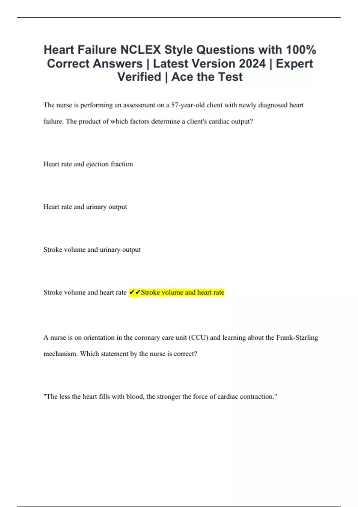 Heart Failure NCLEX Style Questions with 100% Correct Answers | Latest ...