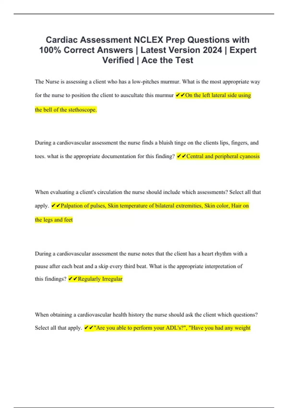 Cardiac Assessment NCLEX Prep Questions with 100% Correct Answers ...