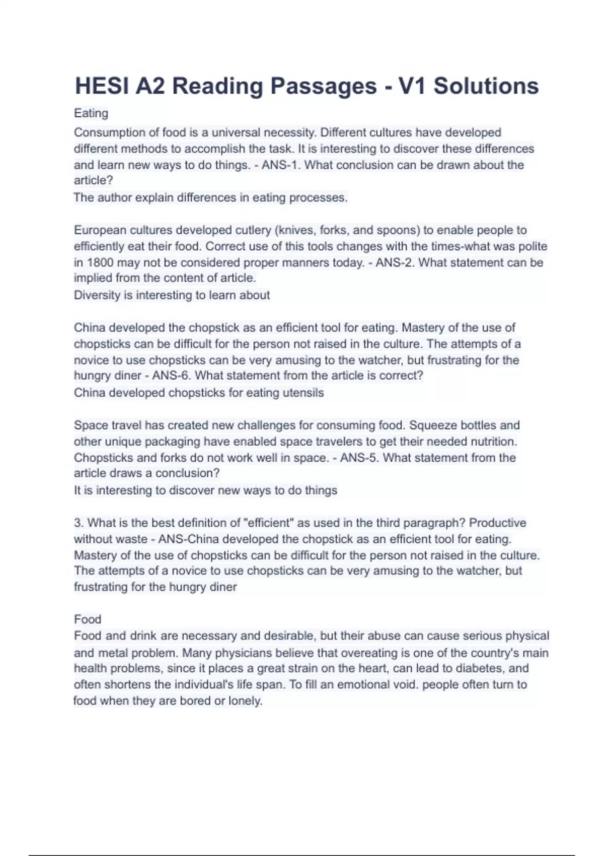 HESI A2 Reading Passages - V1 Solutions - HESI - Stuvia US