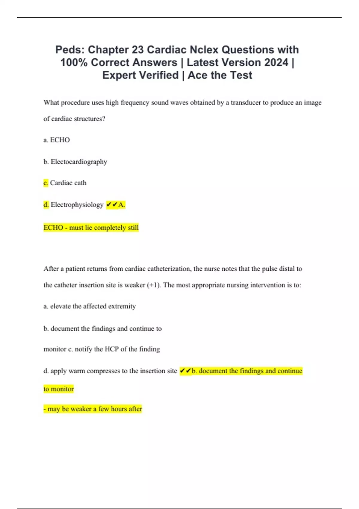 Peds: Chapter 23 Cardiac Nclex Questions with 100% Correct Answers ...
