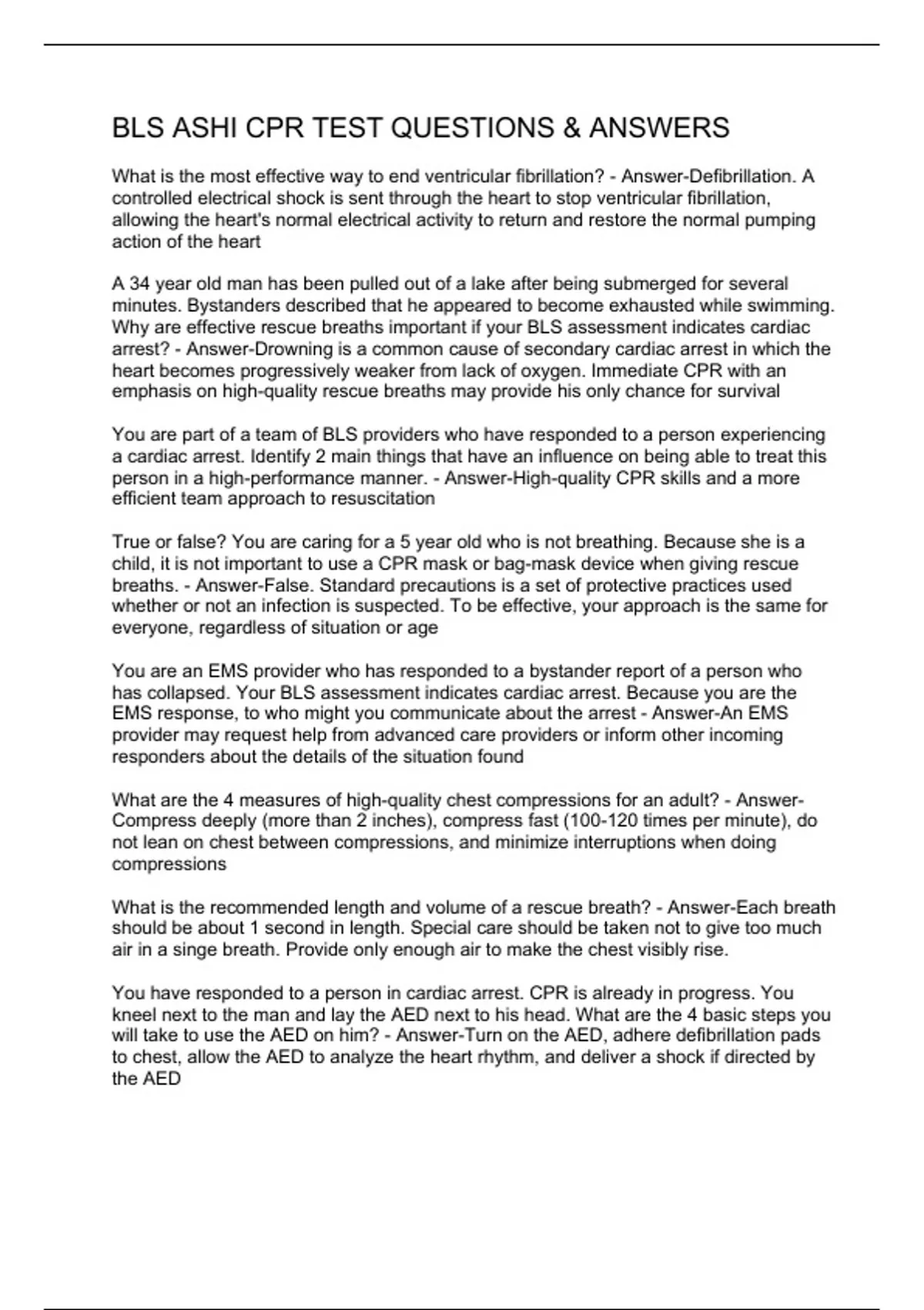 BLS ASHI CPR TEST QUESTIONS & ANSWERS - BLS ASHI CPR - Stuvia US