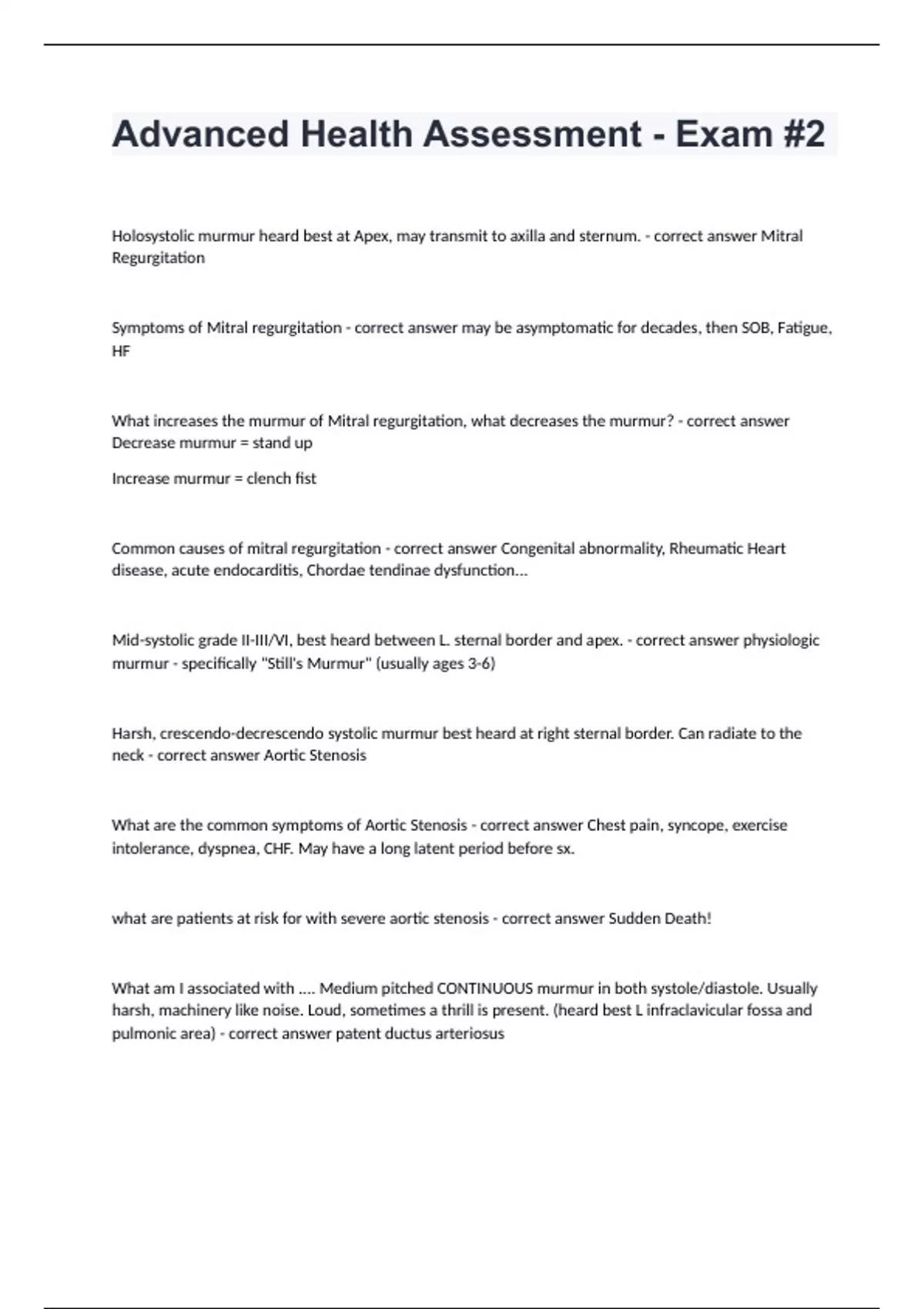 Advanced Health Assessment - Exam #2 well answered - Advanced health ...