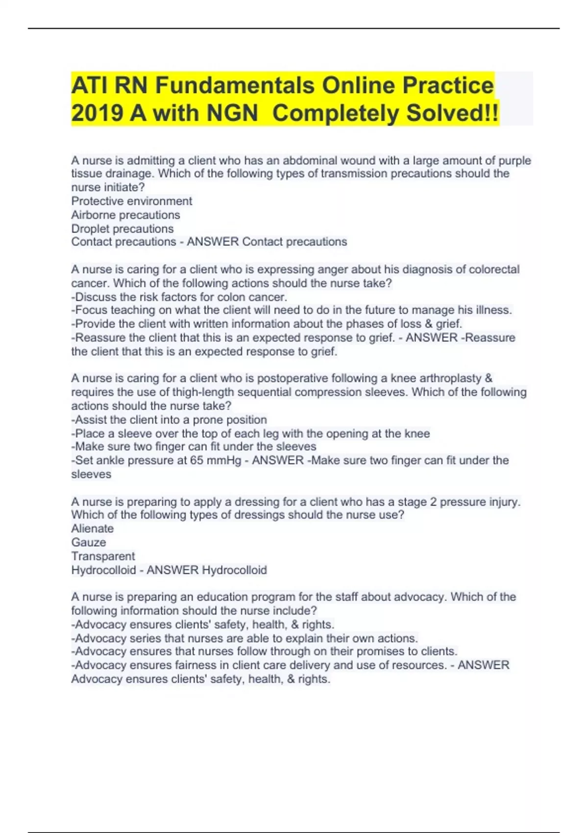 ATI RN Fundamentals Online Practice 2019 A with NGN Completely Solved!! - ATI RN Fundamentals ...