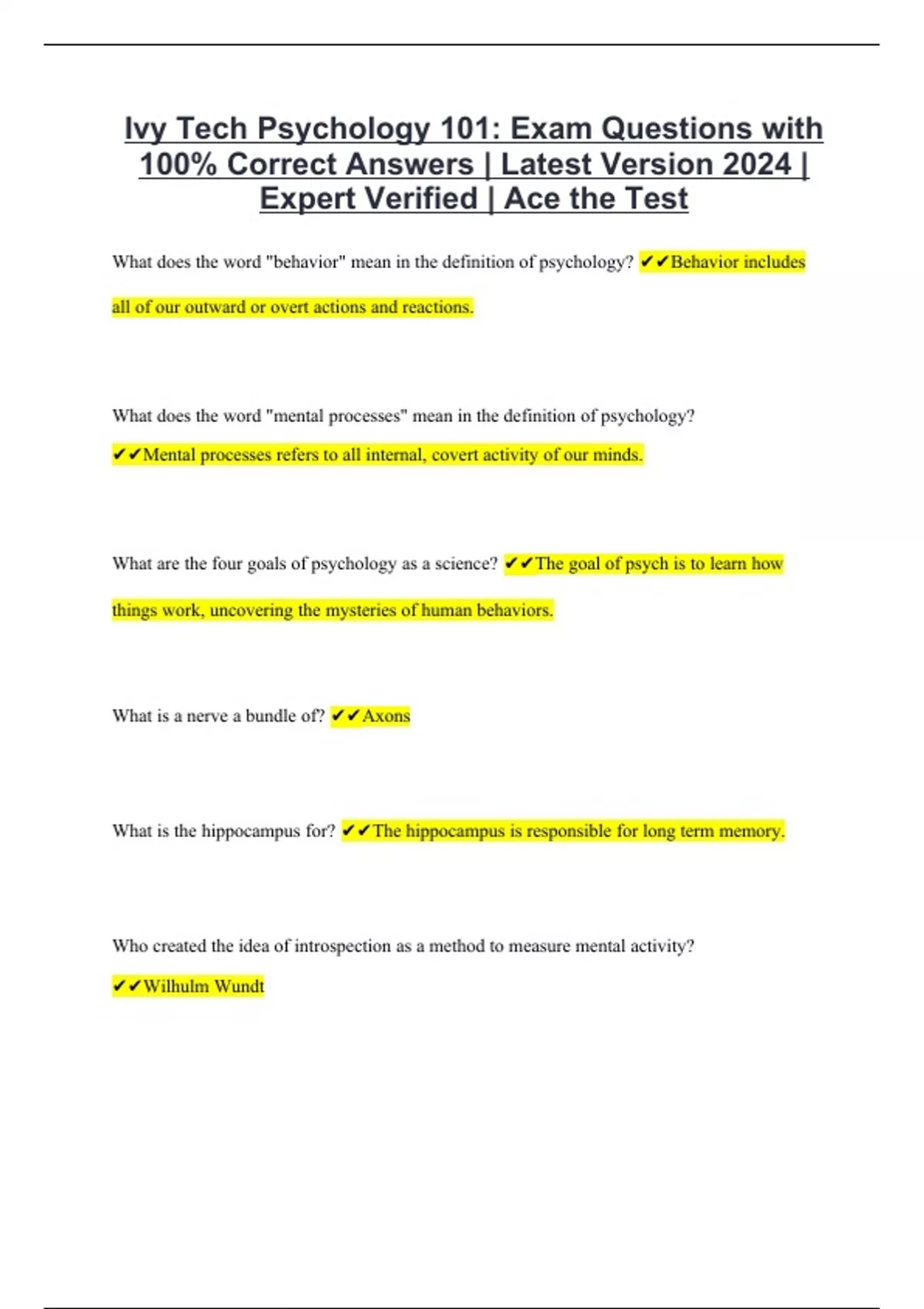 Ivy Tech Psychology 101: Exam Questions with 100% Correct Answers ...