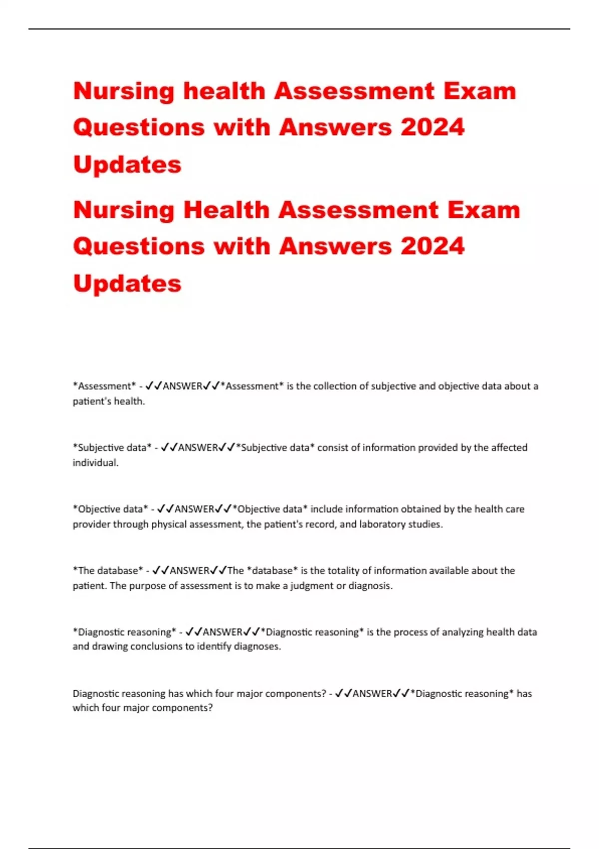 Nursing health Assessment Exam Questions with Answers 2024 Updates.pdf ...