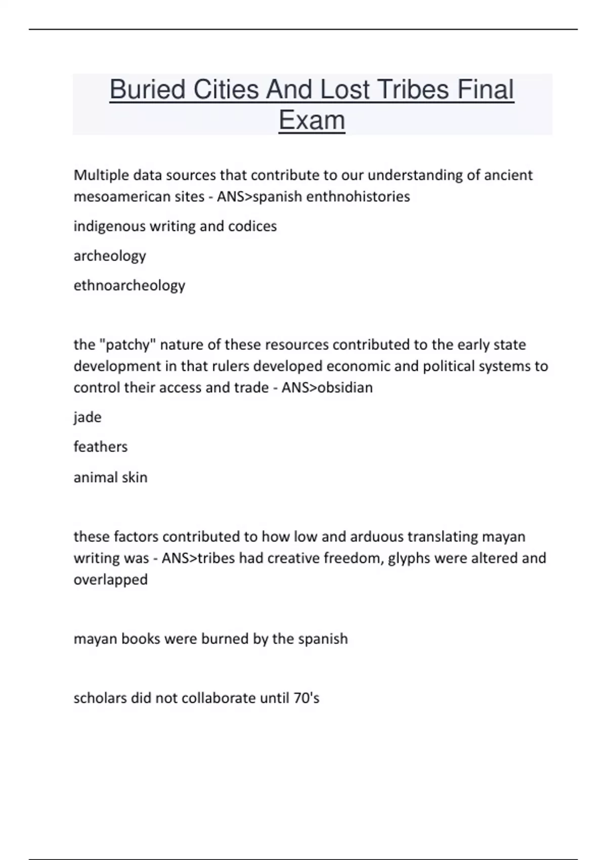 Buried Cities And Lost Tribes Final Exam Questions and answers latest ...