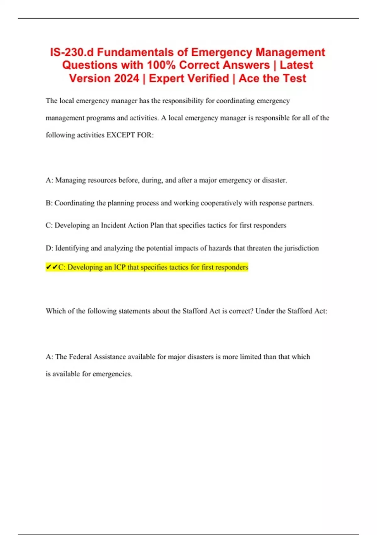 IS-230.d Fundamentals of Emergency Management Questions with 100% ...