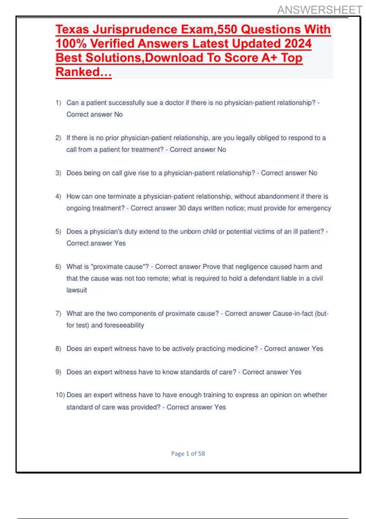 Texas jurisprudence exam 550 questions with 100 verified answers ...