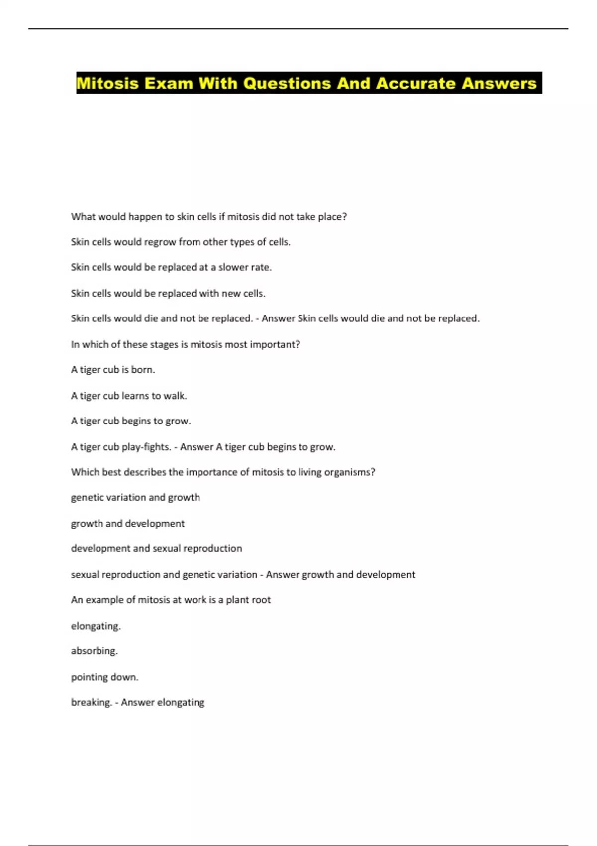 Mitosis Exam With Questions And Accurate Answers - Mitosis - Stuvia US