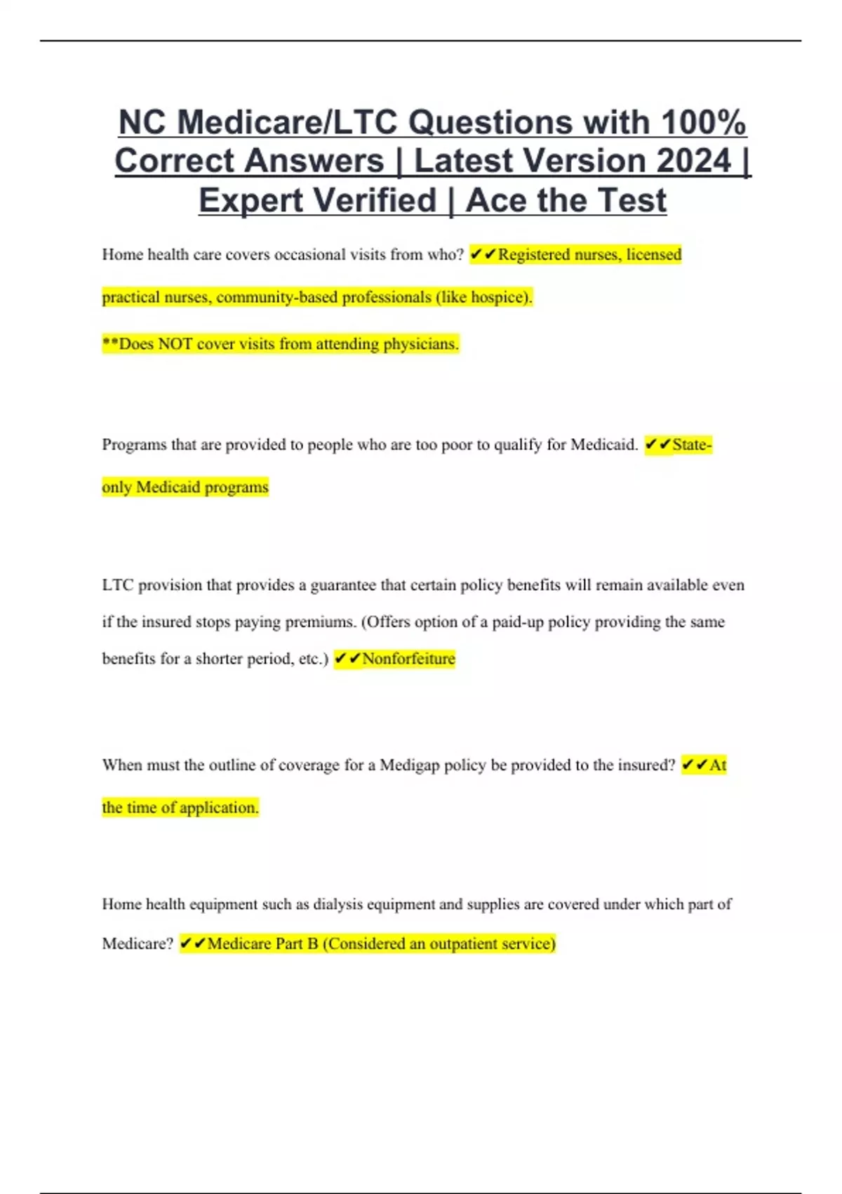 NC Medicare/LTC Questions with 100% Correct Answers | Latest Version ...