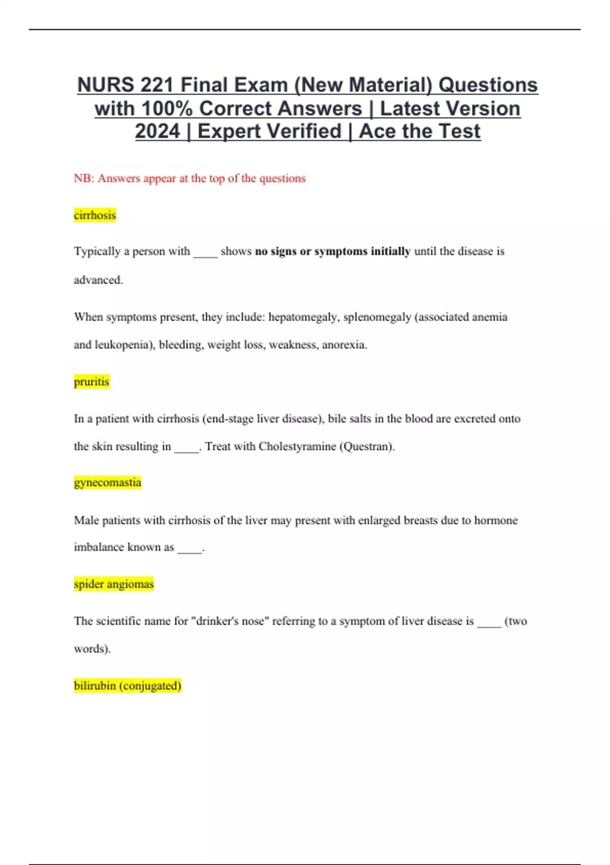 NURS 221 Final Exam (New Material) Questions with 100% Correct Answers ...