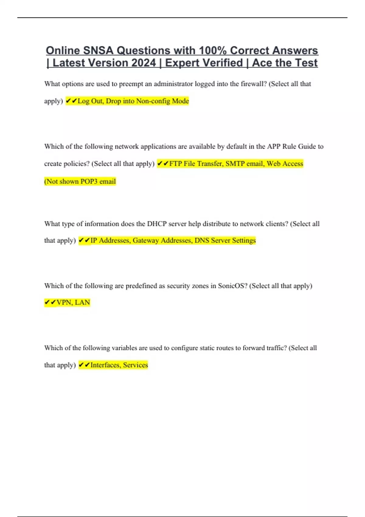 Online SNSA Questions with 100% Correct Answers | Latest Version 2024 ...