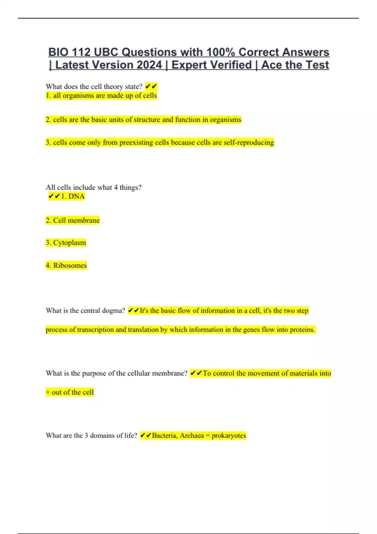 BIO 112 UBC Questions with 100% Correct Answers | Latest Version 2024 ...