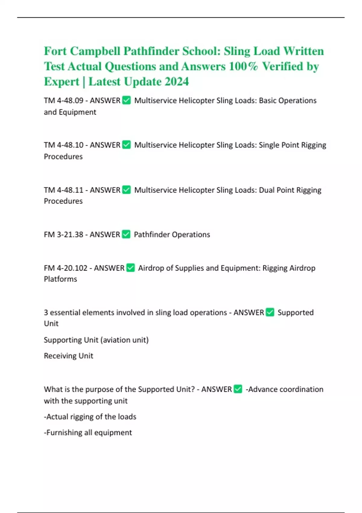 Fort Campbell Pathfinder School: Sling Load Written Test Actual ...