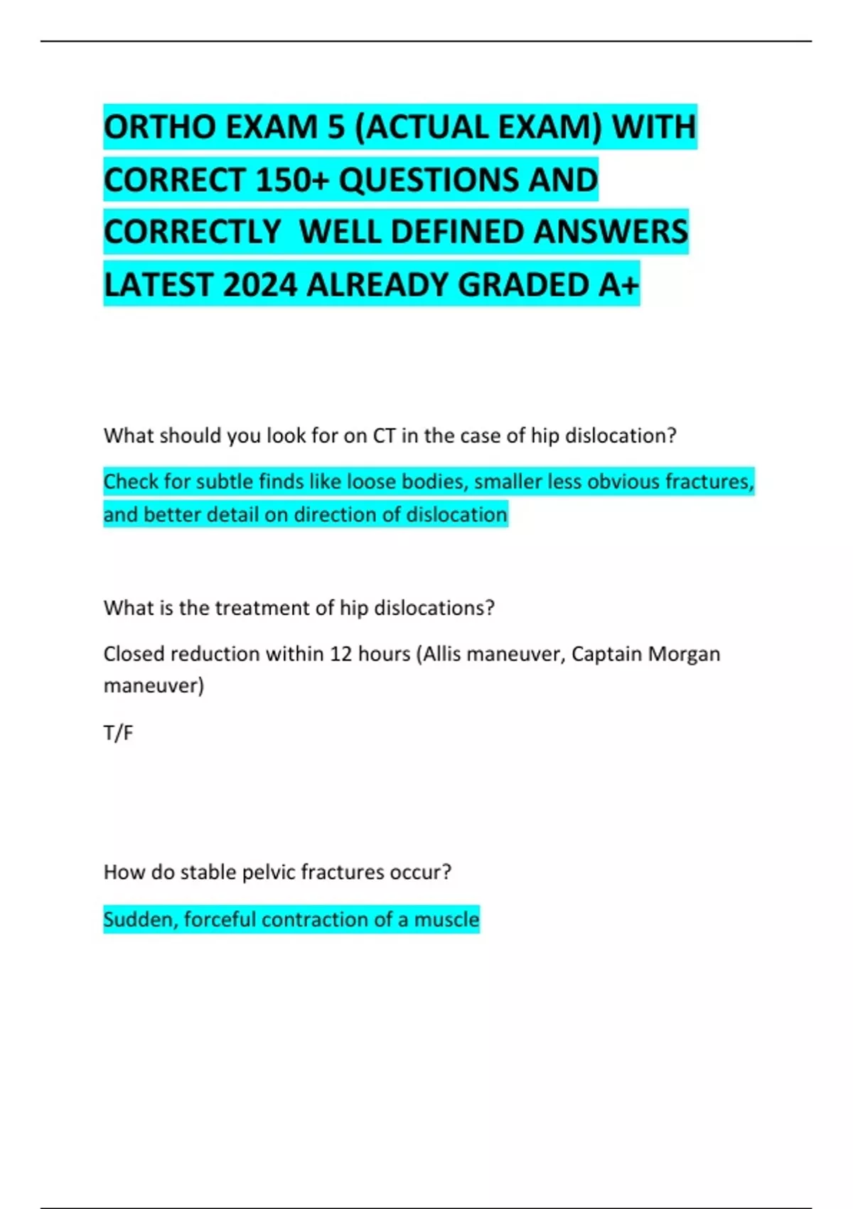 ORTHO EXAM 5 (ACTUAL EXAM) WITH CORRECT 150+ QUESTIONS AND CORRECTLY ...