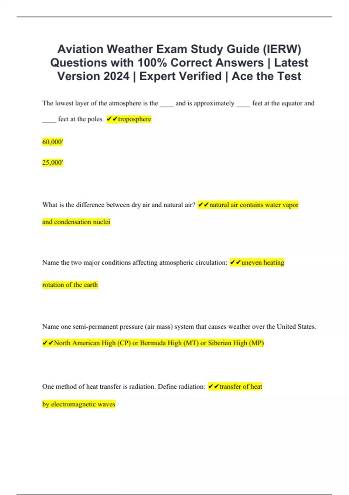 Aviation Weather Bundled Exam Resources with Complete Solution | Expert ...