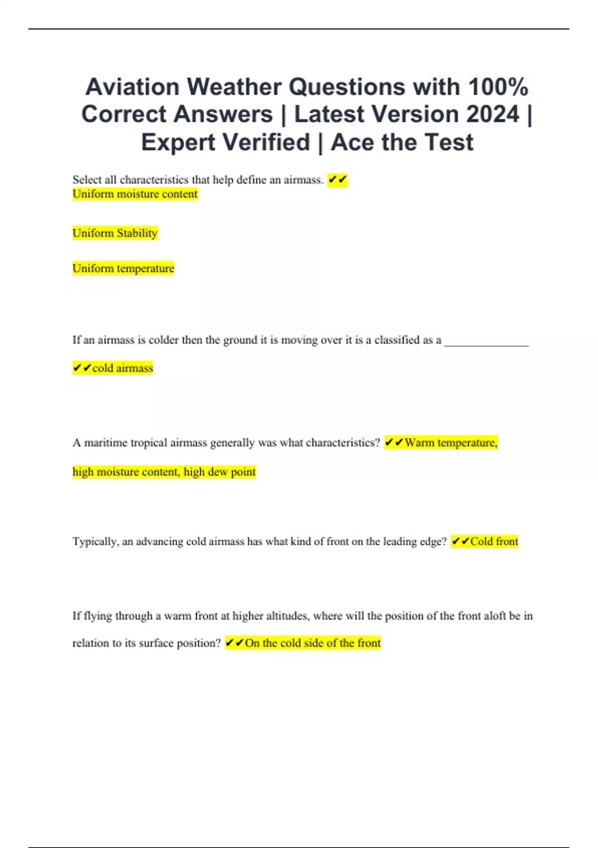 Aviation Weather Questions with 100% Correct Answers | Latest Version ...