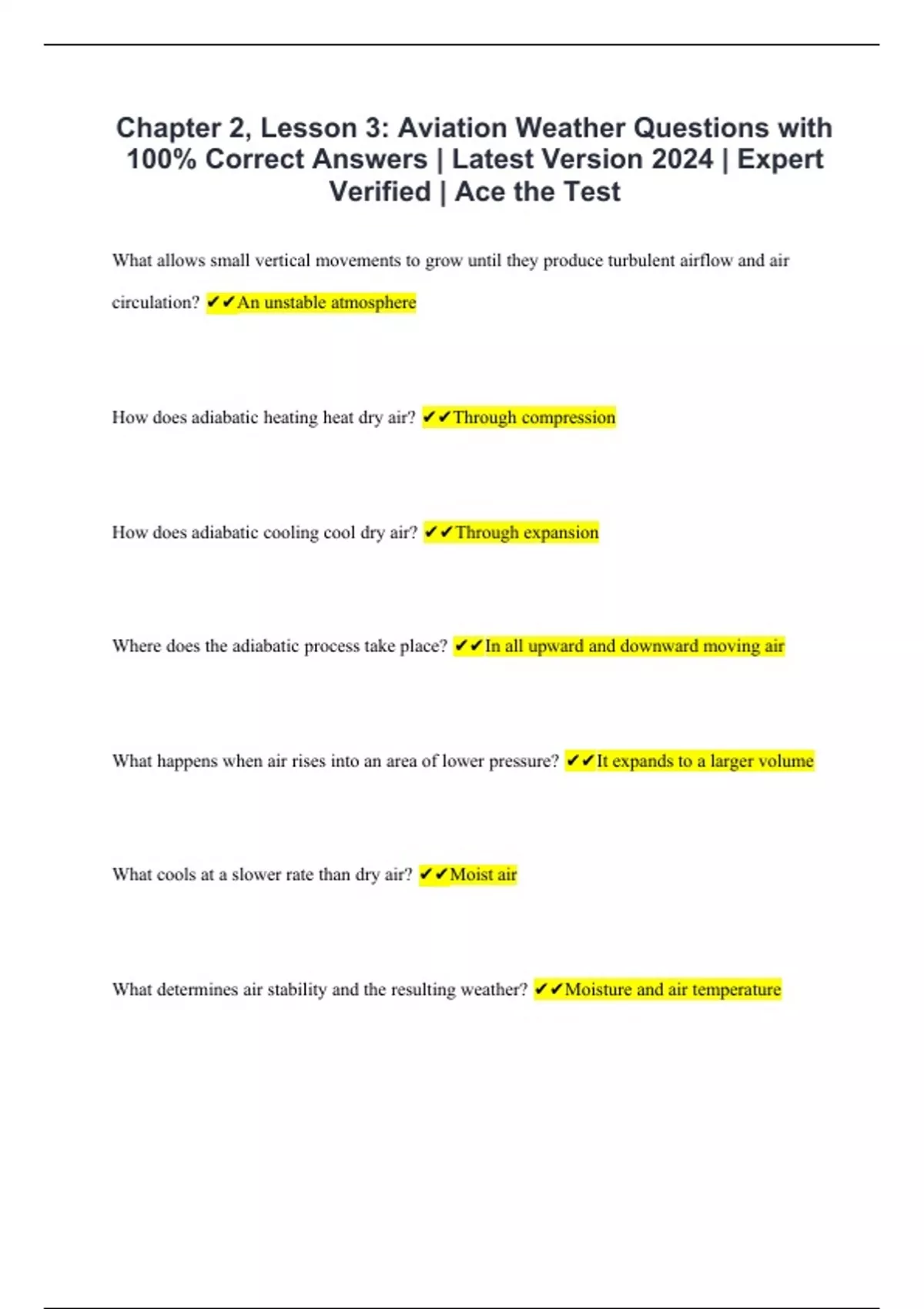 Chapter 2, Lesson 3: Aviation Weather Questions with 100% Correct ...