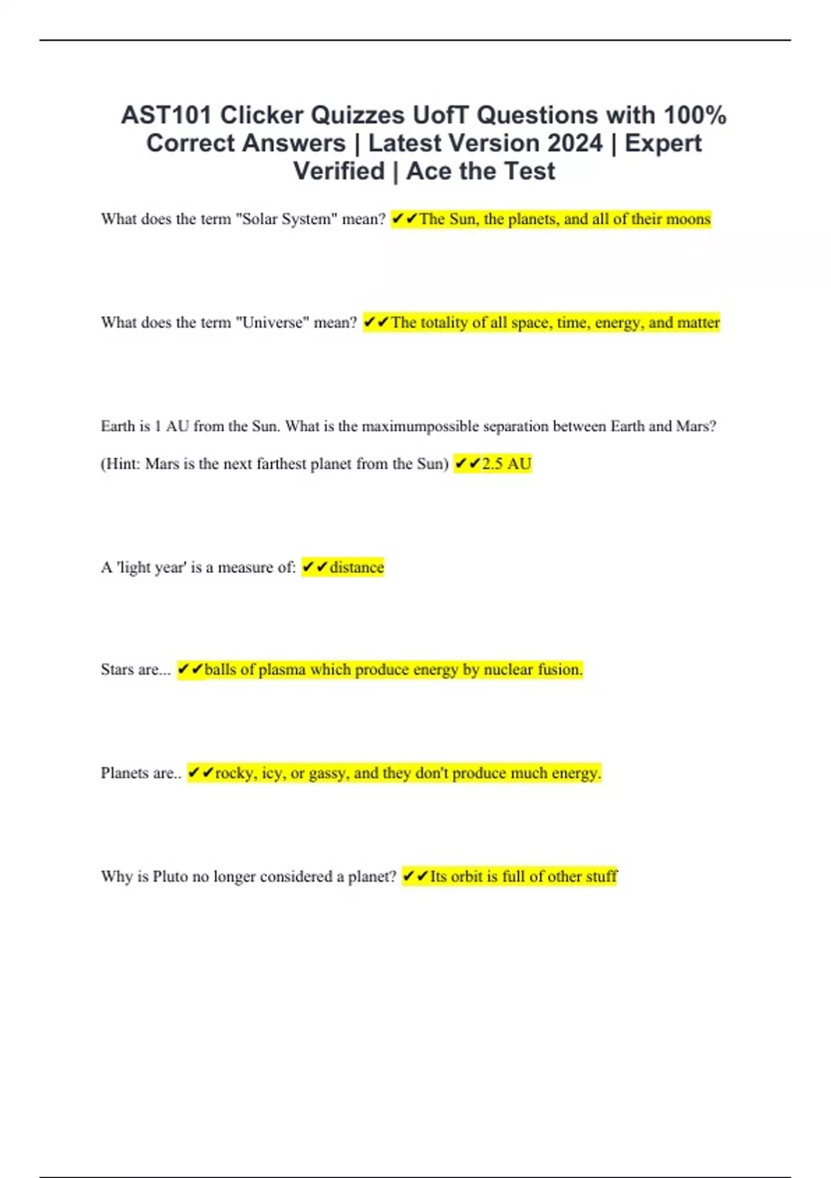 AST101 Clicker Quizzes UofT Questions with 100% Correct Answers ...