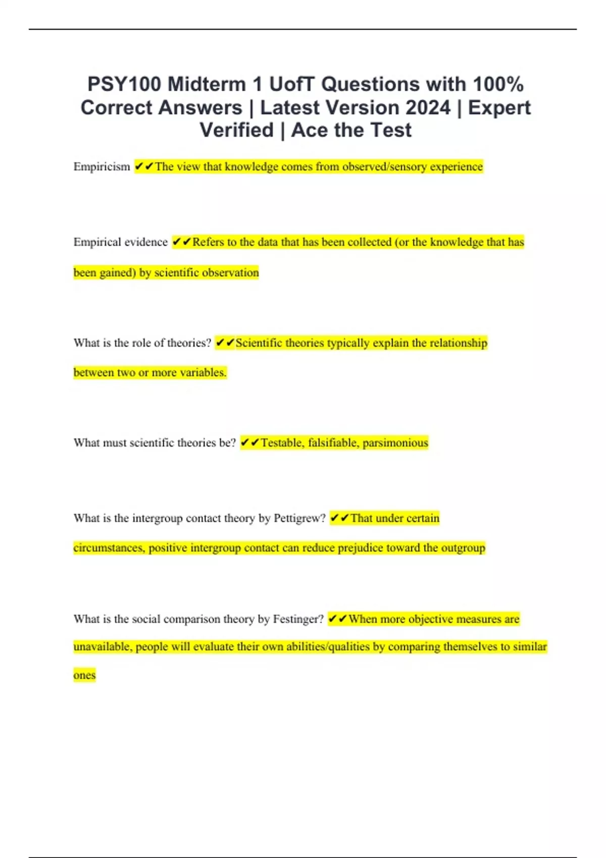 PSY100 Midterm 1 UofT Questions with 100% Correct Answers | Latest ...