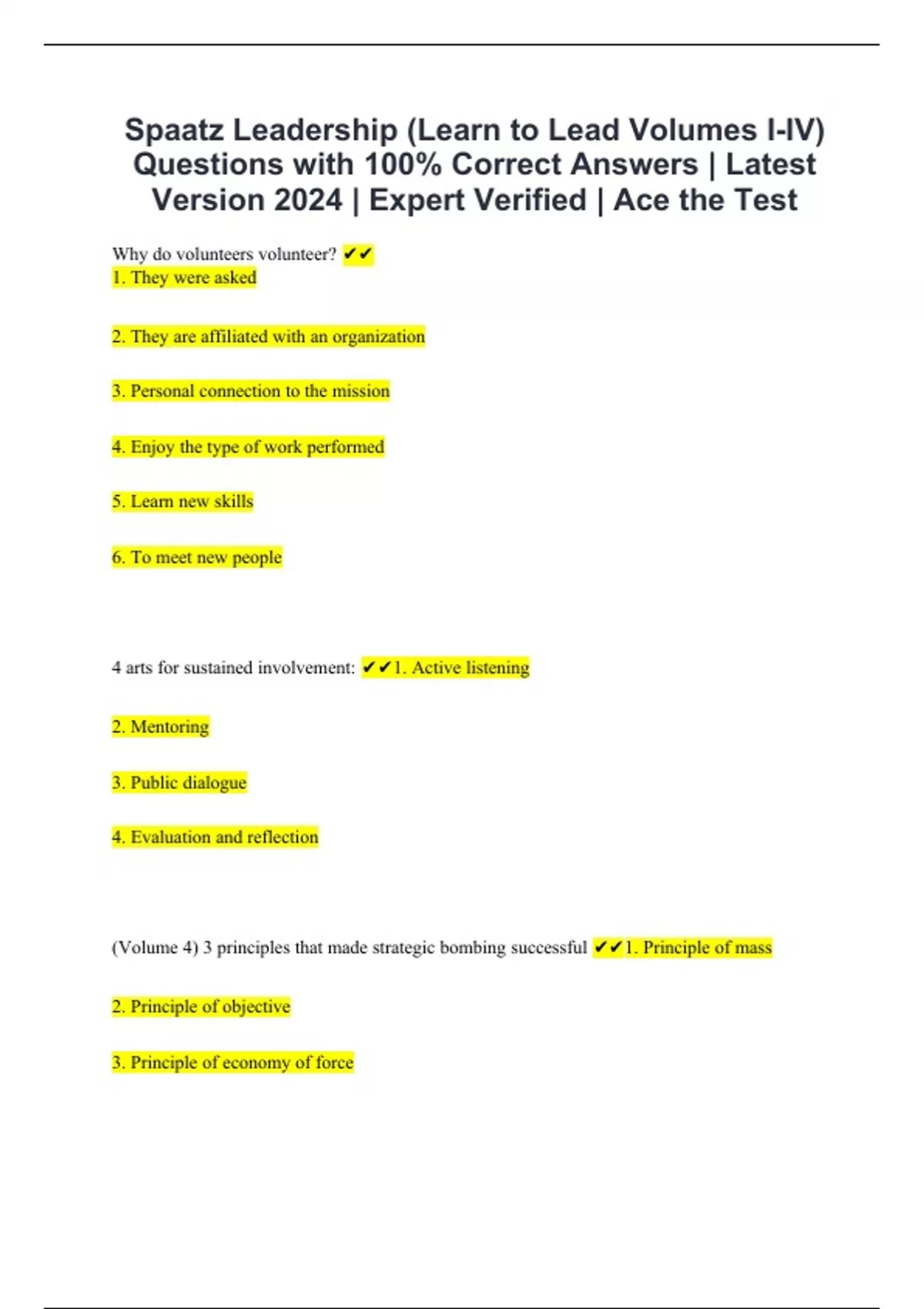 Spaatz Leadership (Learn to Lead Volumes I-IV) Questions with 100% ...