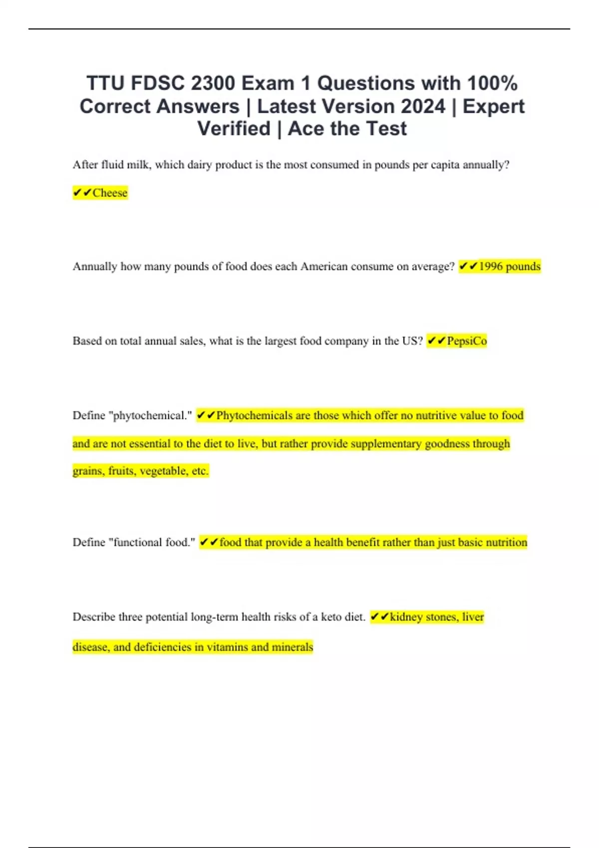 TTU FDSC 2300 Exam 1 Questions with 100% Correct Answers | Latest ...