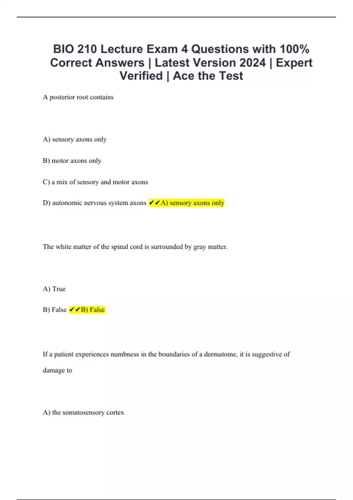 BIO 210 Lecture Exam 4 Questions with 100% Correct Answers | Latest ...