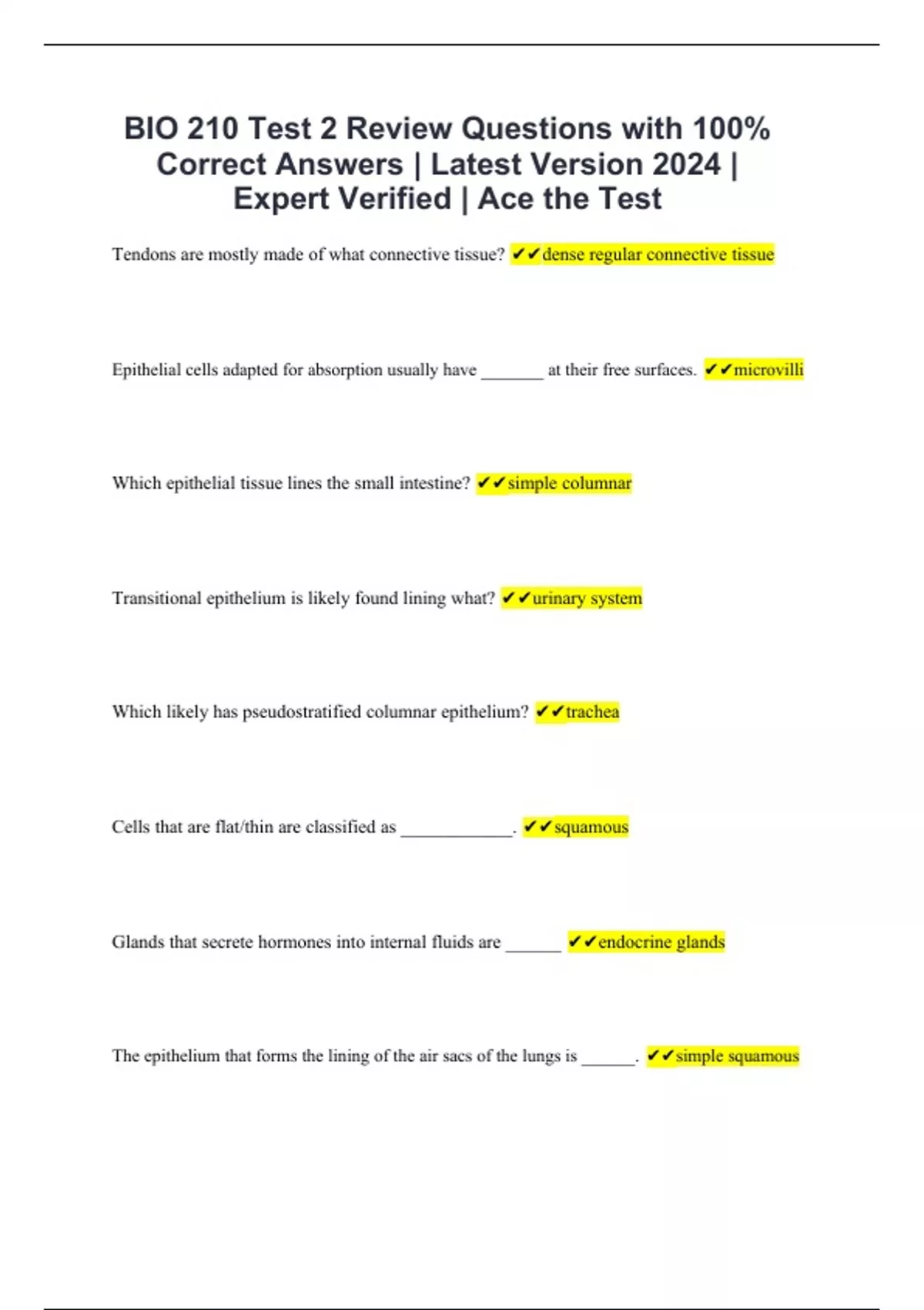 BIO 210 Test 2 Review Questions with 100% Correct Answers | Latest ...