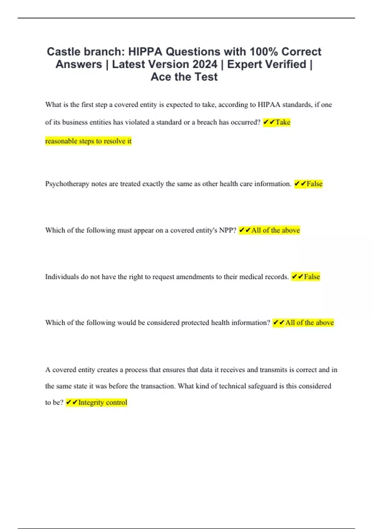 Castle branch: HIPPA Questions with 100% Correct Answers | Latest ...