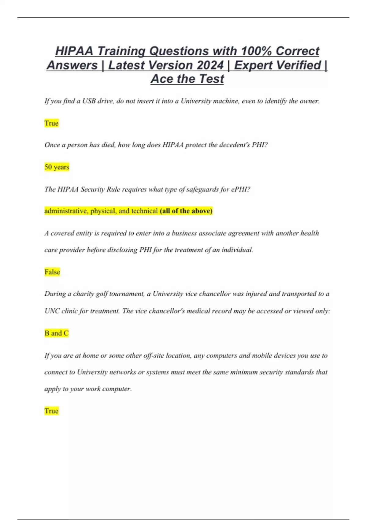 HIPAA Training Questions with 100% Correct Answers | Latest Version ...