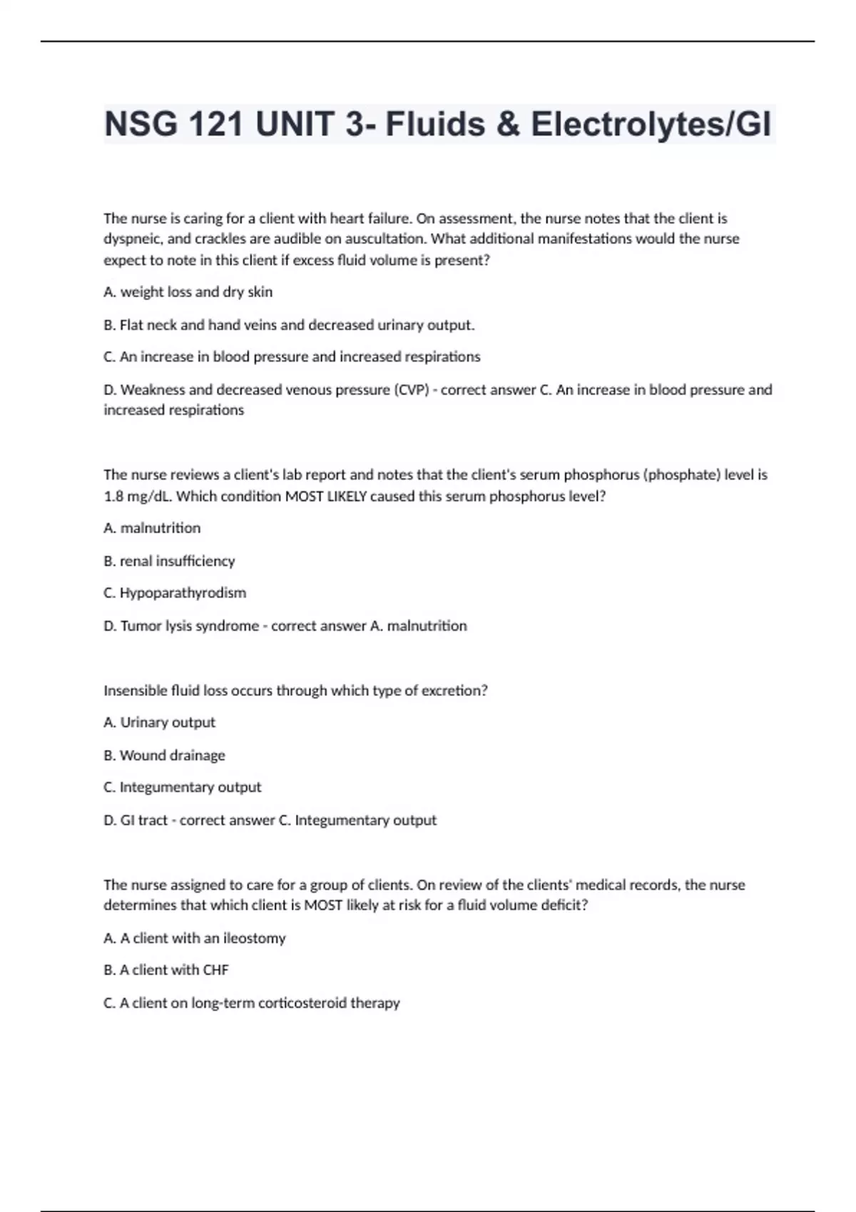 NSG 121 UNIT 3- Fluids & Electrolytes GI Herzing University - Questions ...