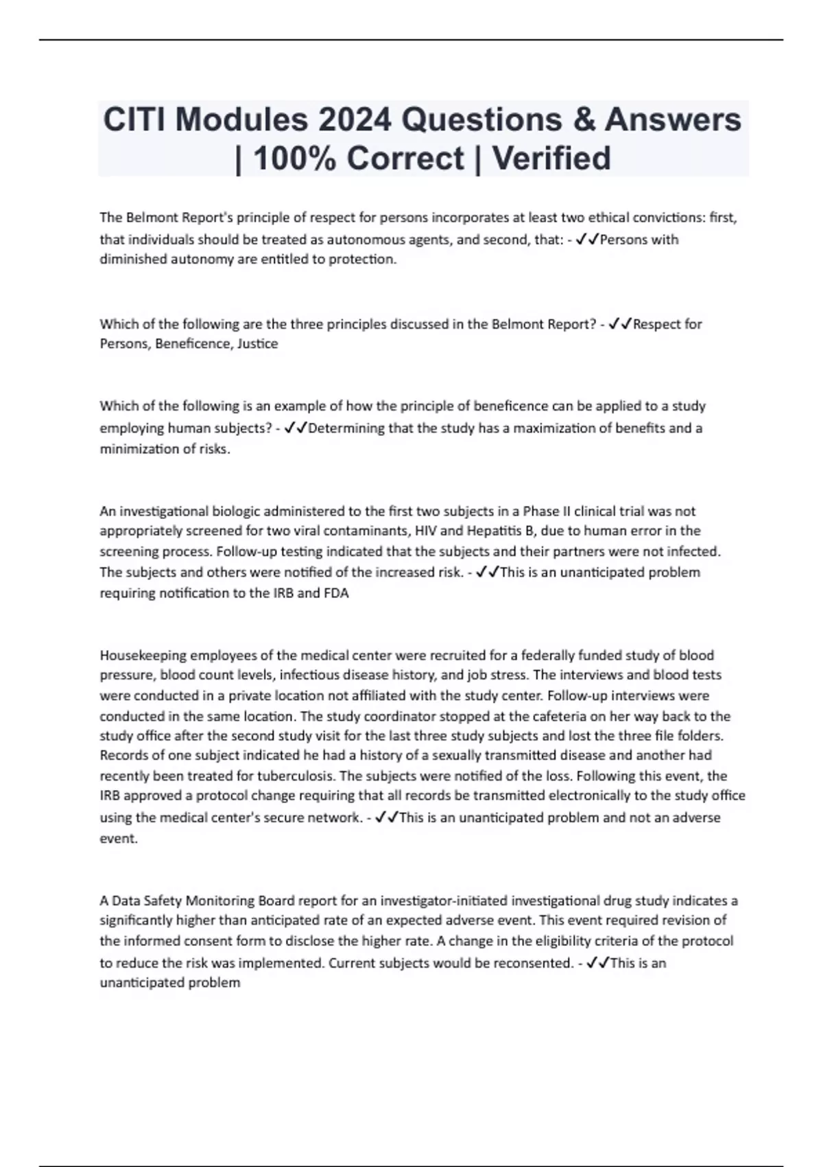 CITI Modules 2024 Questions & Answers | 100% Correct | Verified - CITI ...