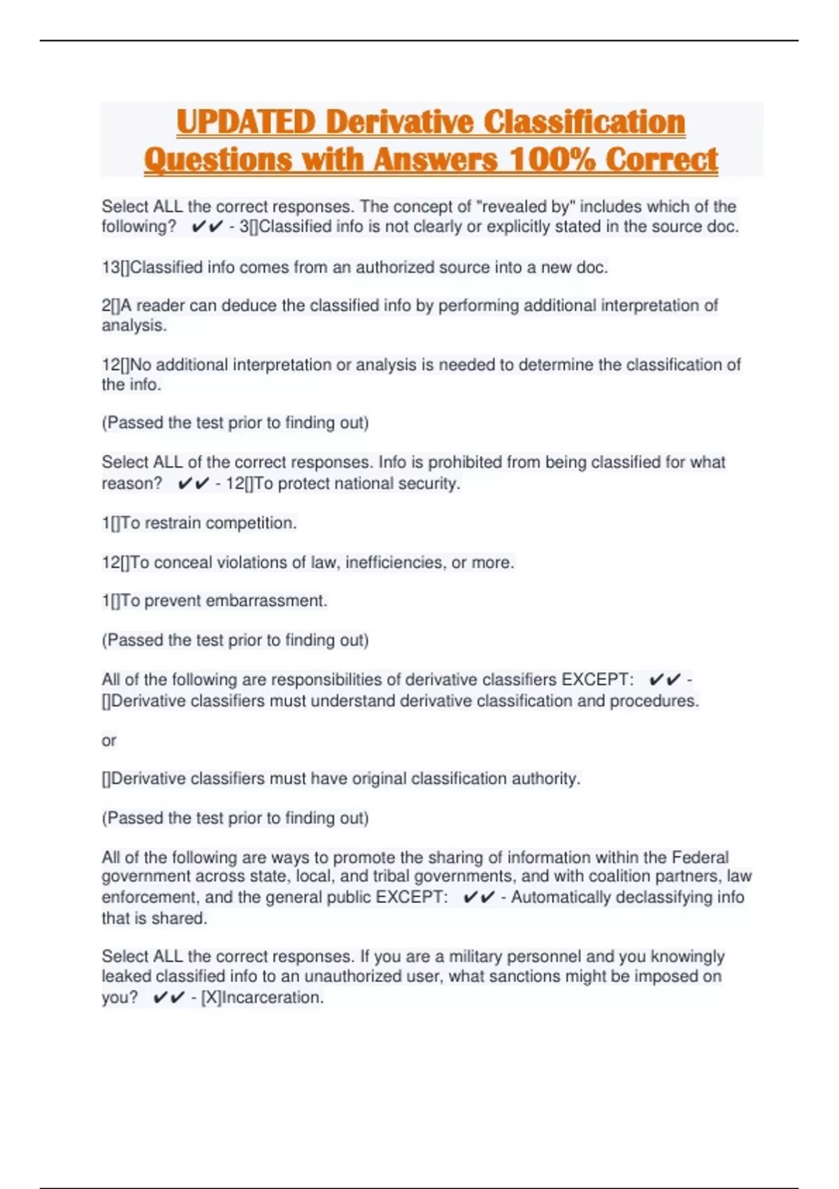 Updated Derivative Classification Questions With Answers 100 Correct Updated Derivative