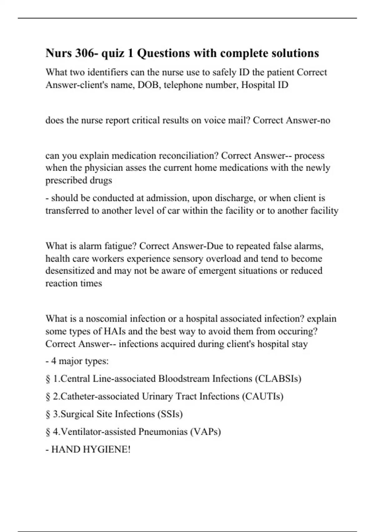 Nurs 306- quiz 1 Questions with complete solutions - RN- Nursing ...