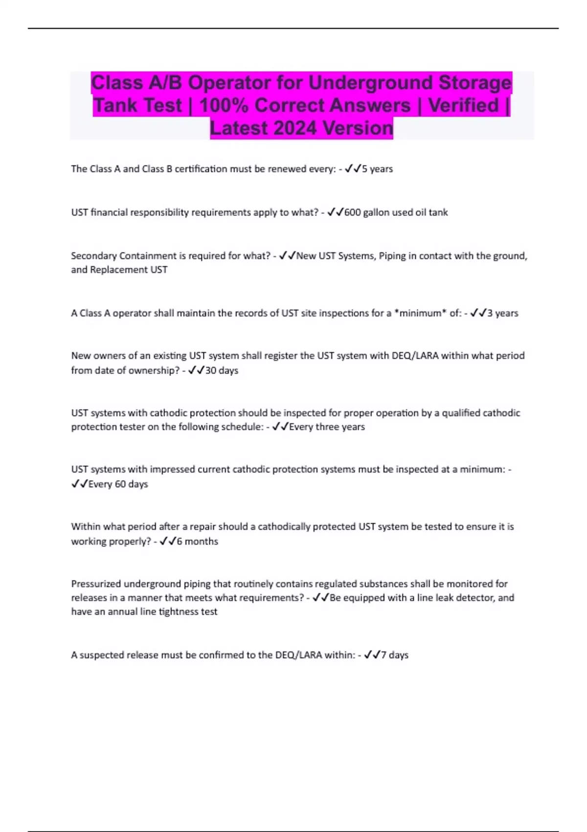 Class A/B Operator for Underground Storage Tank Test | 100% Correct ...