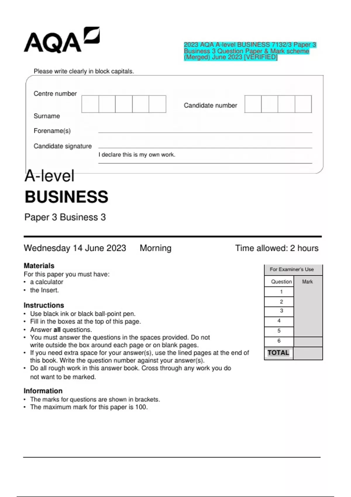 2023 AQA A-level BUSINESS 7132/3 Paper 3 Business 3 Question Paper ...