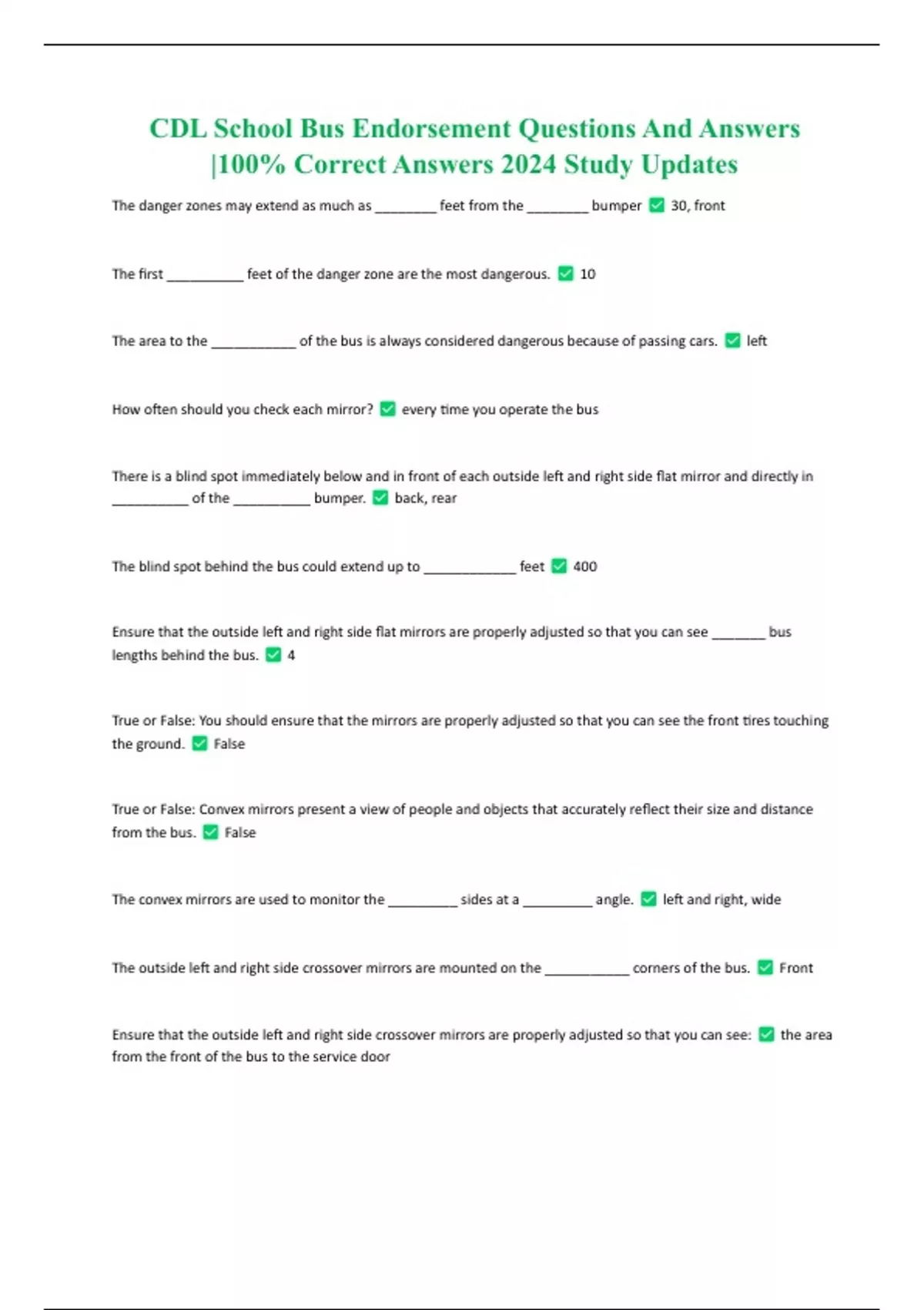 CDL School Bus Endorsement Questions And Answers |100% Correct Answers ...