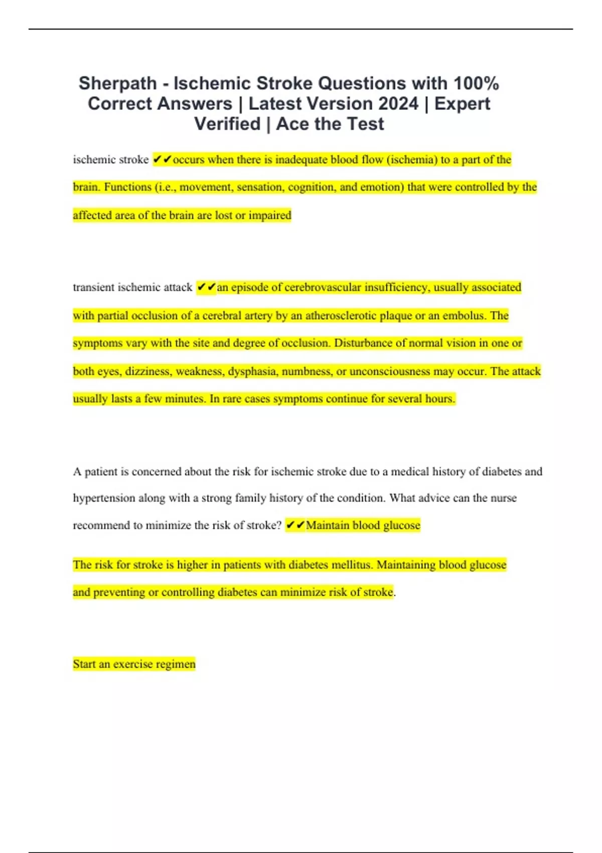 Sherpath - Ischemic Stroke Questions with 100% Correct Answers | Latest ...