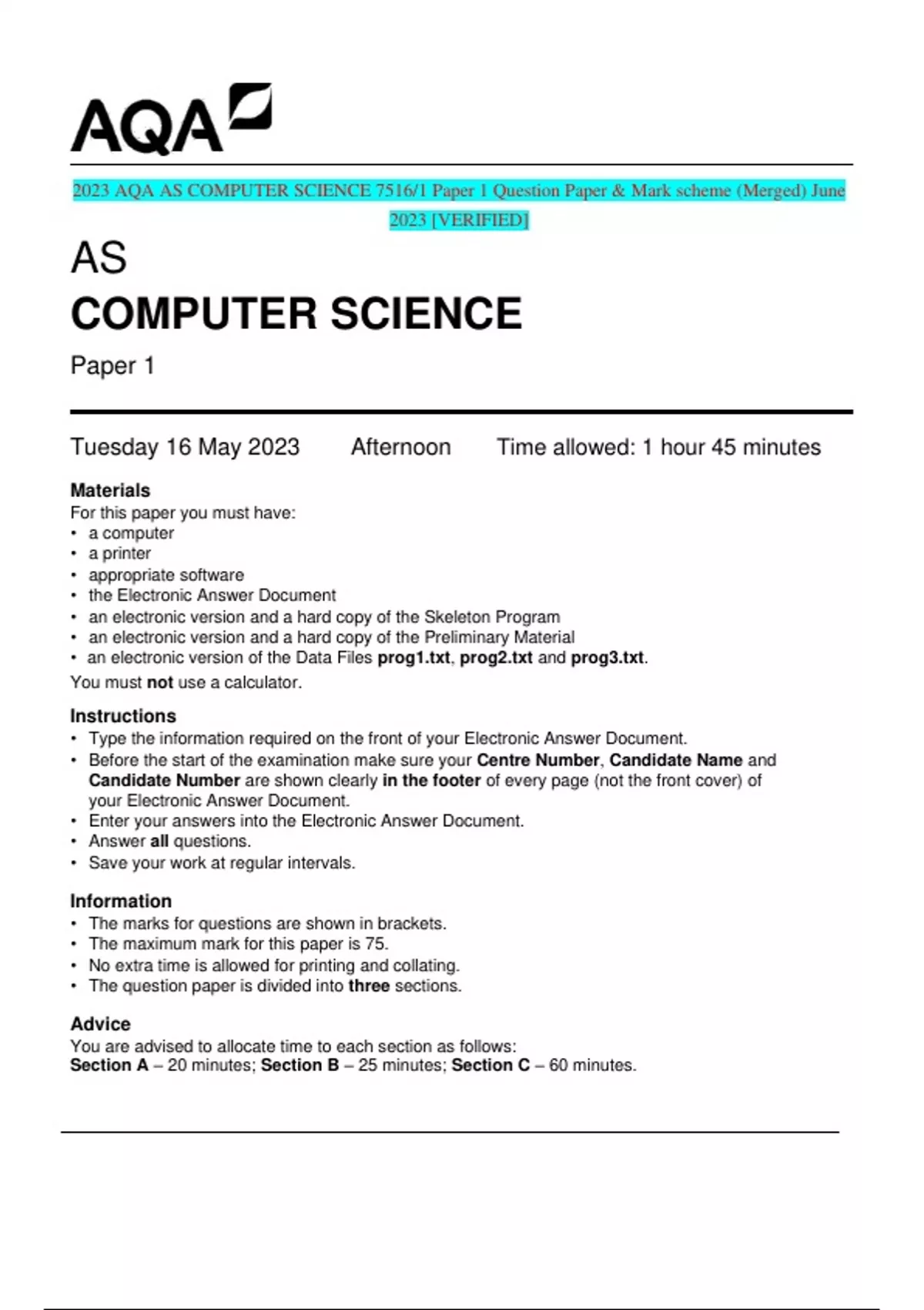 023 AQA AS COMPUTER SCIENCE 7516/1 Paper 1 Question Paper & Mark scheme ...