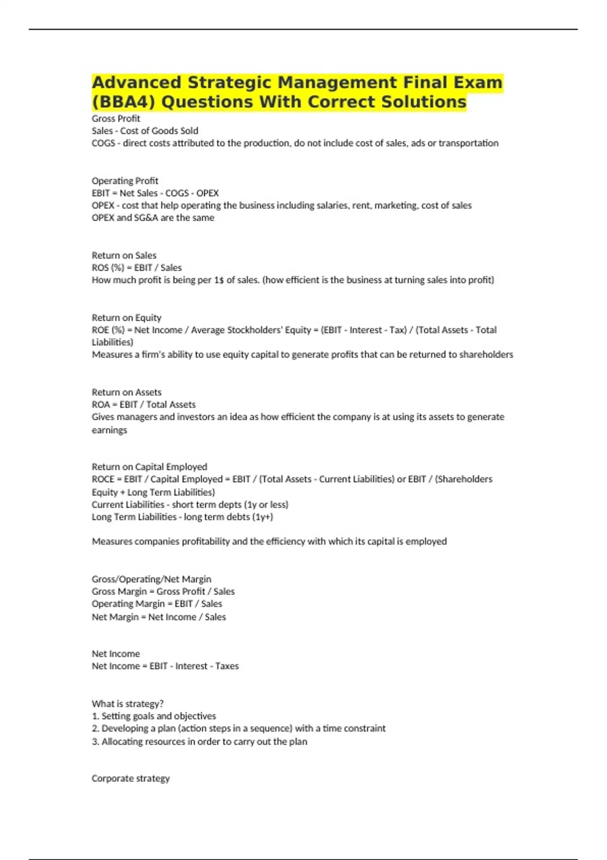 Advanced Strategic Management Final Exam (BBA4) Questions With Correct ...