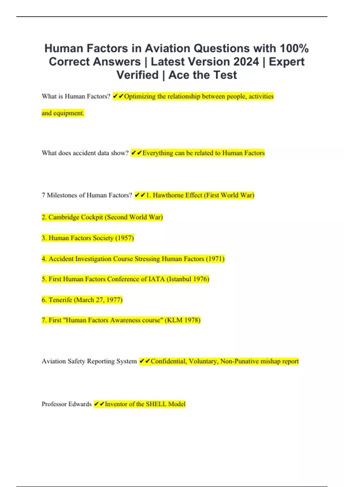 Human Factors in Aviation Questions with 100% Correct Answers | Latest ...