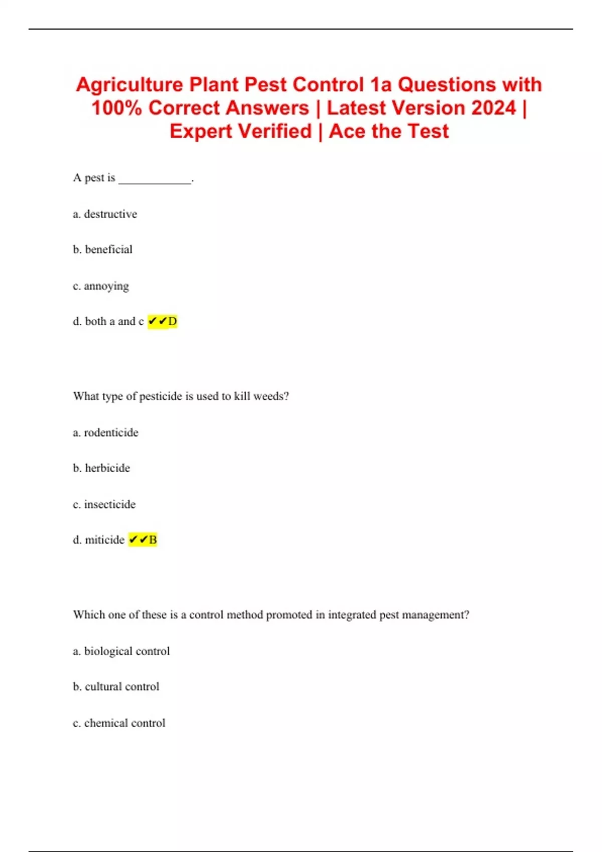 Agriculture Plant Pest Control 1a Questions with 100% Correct Answers ...