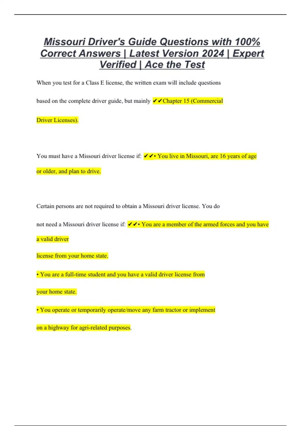 Missouri Driver's Guide Questions with 100% Correct Answers | Latest ...