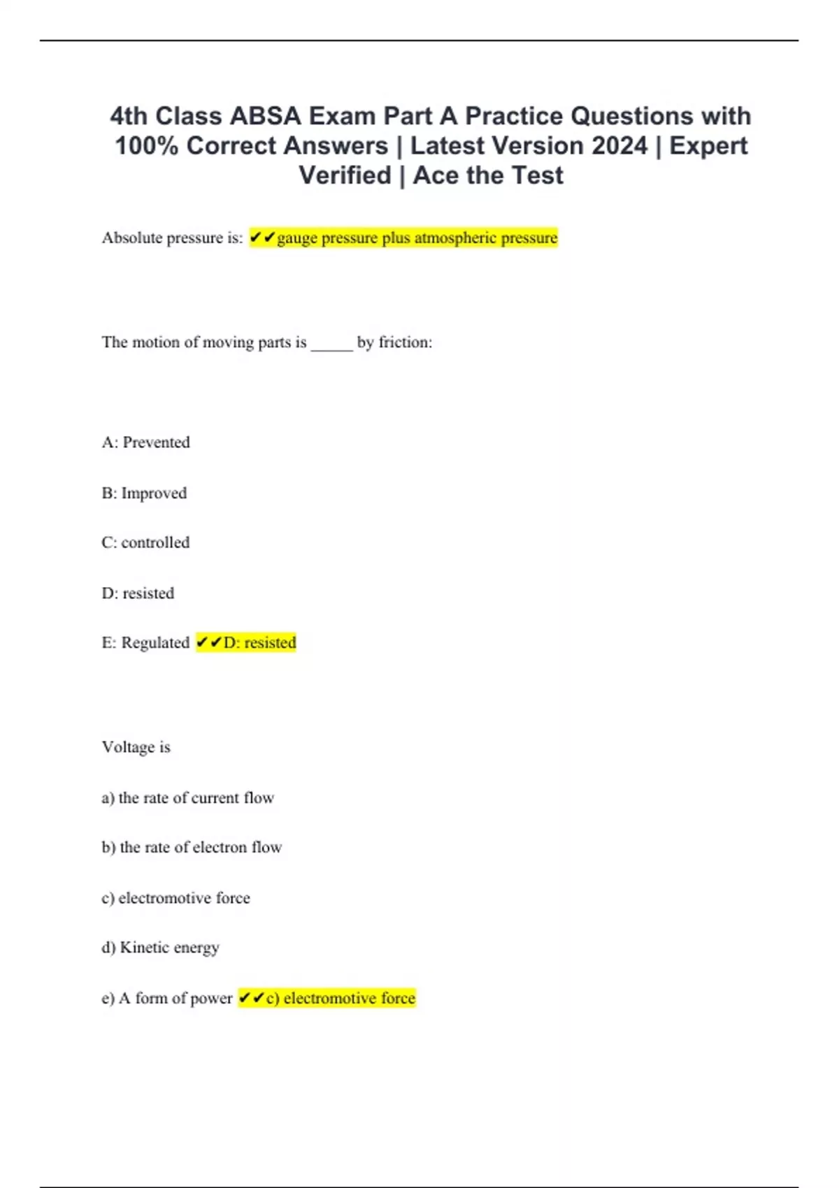 4th Class ABSA Exam Part A Practice Questions with 100% Correct Answers ...
