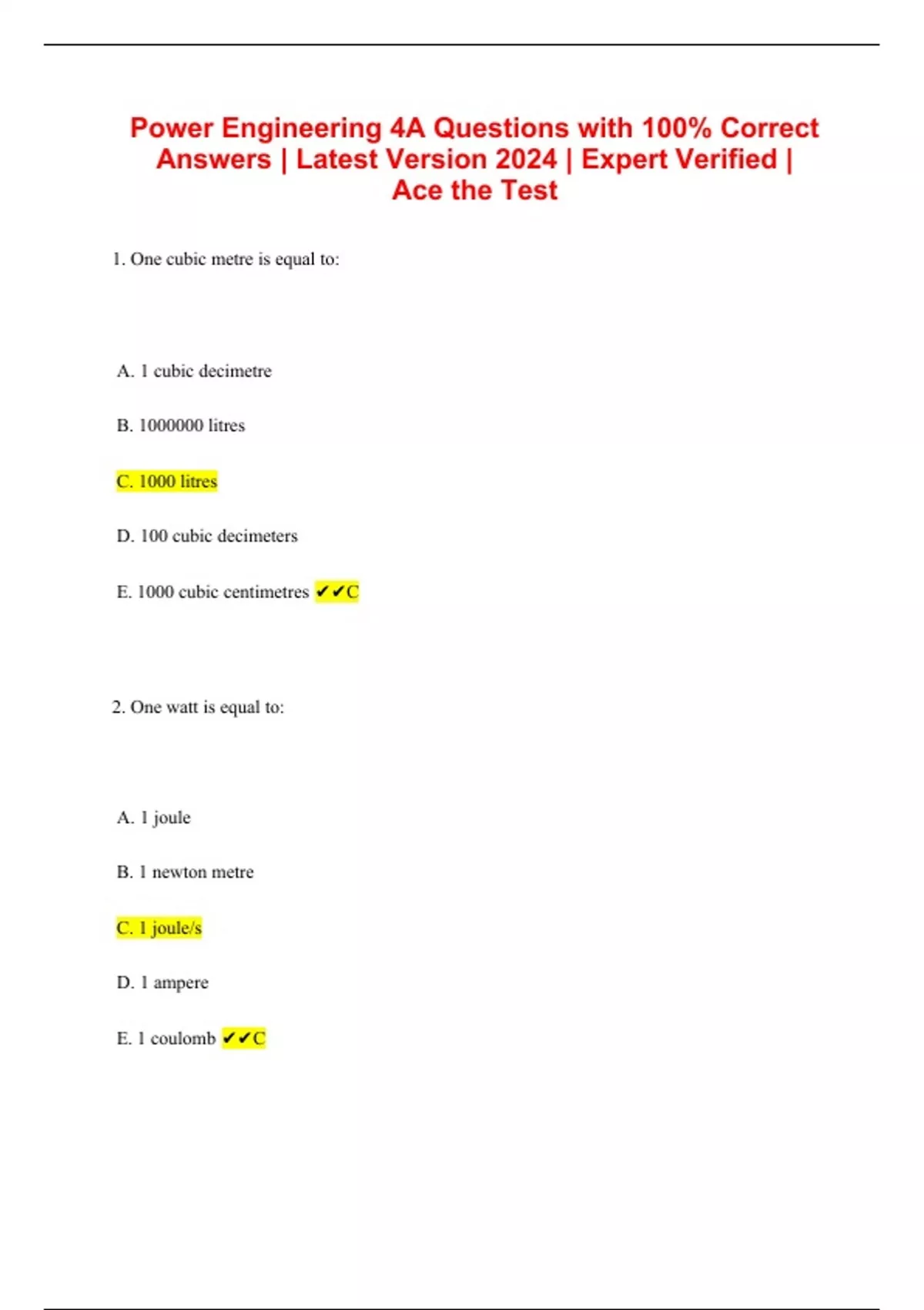 Power Engineering 4A Questions with 100% Correct Answers | Latest ...